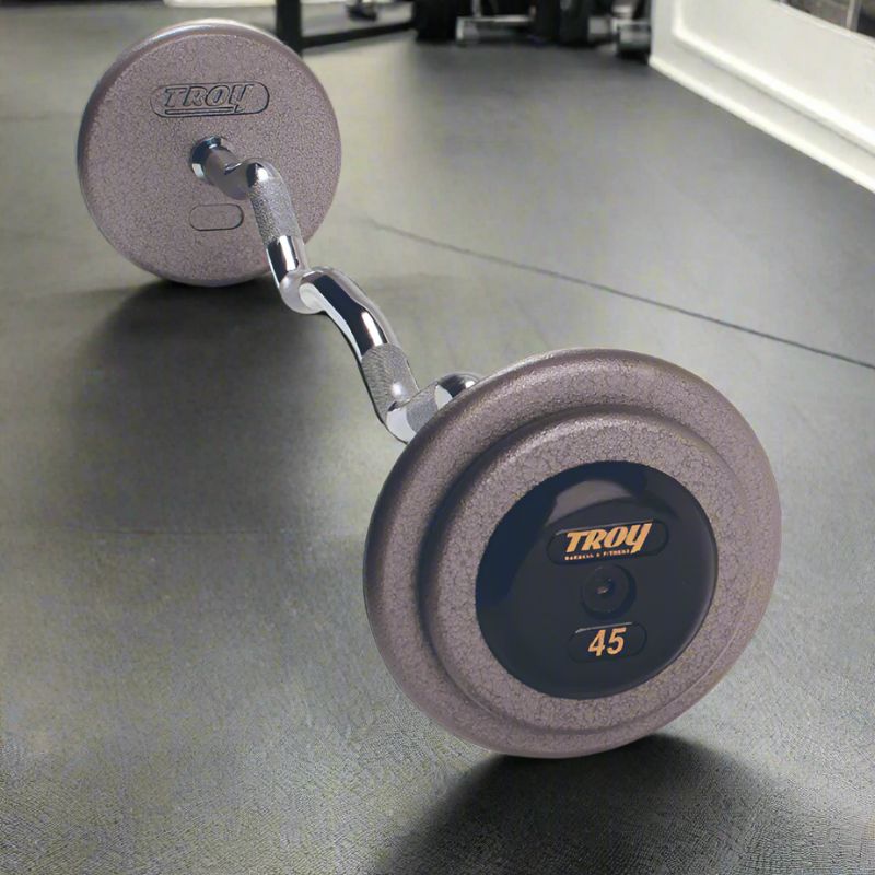 TROY HZB-R Pro Style Curl Barbell Set - Hammer-tone Gray / Rubber End ...