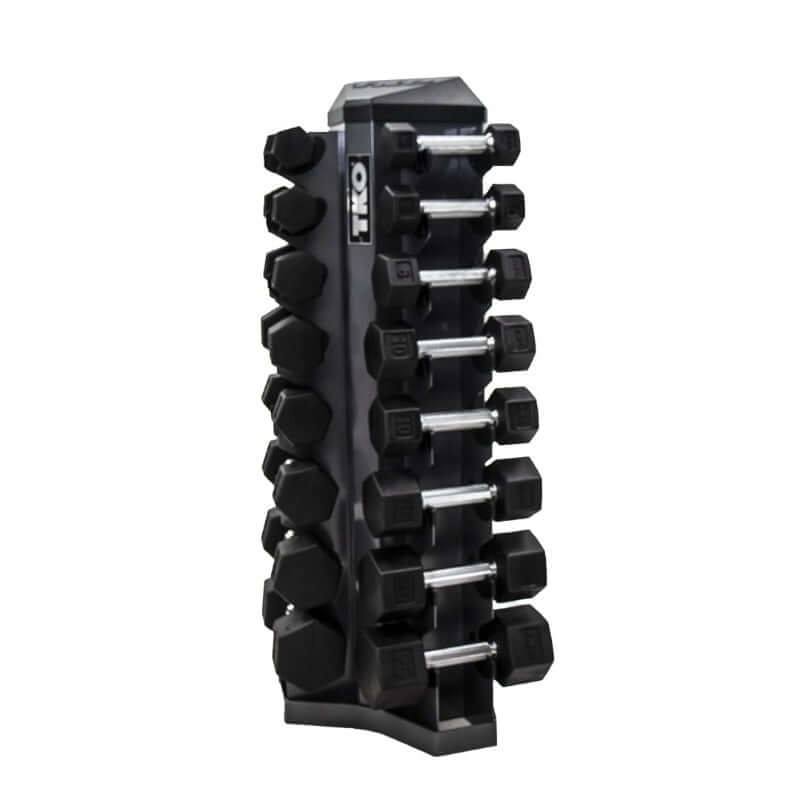 TKO S826-TXRL8 3-25lb Rubber Hex Tri-Grip Handle Dumbbells with 8 Pair ...